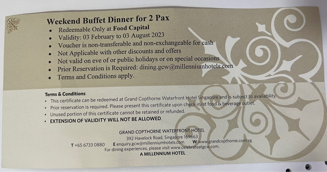 Grand Copthorne Hotel Buffet Voucher for 2 pax, Tickets & Vouchers ...