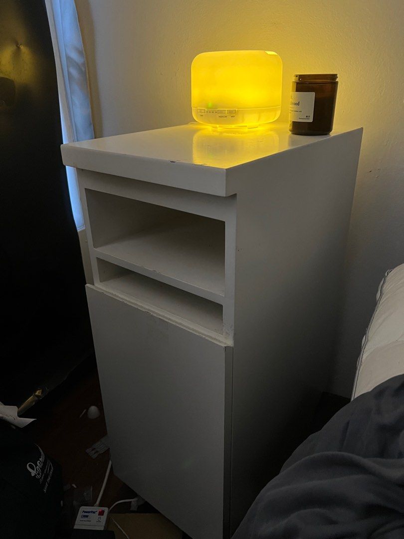 Long Bedside Table White Wood Lacquer Rolling With Wheels, Furniture ...