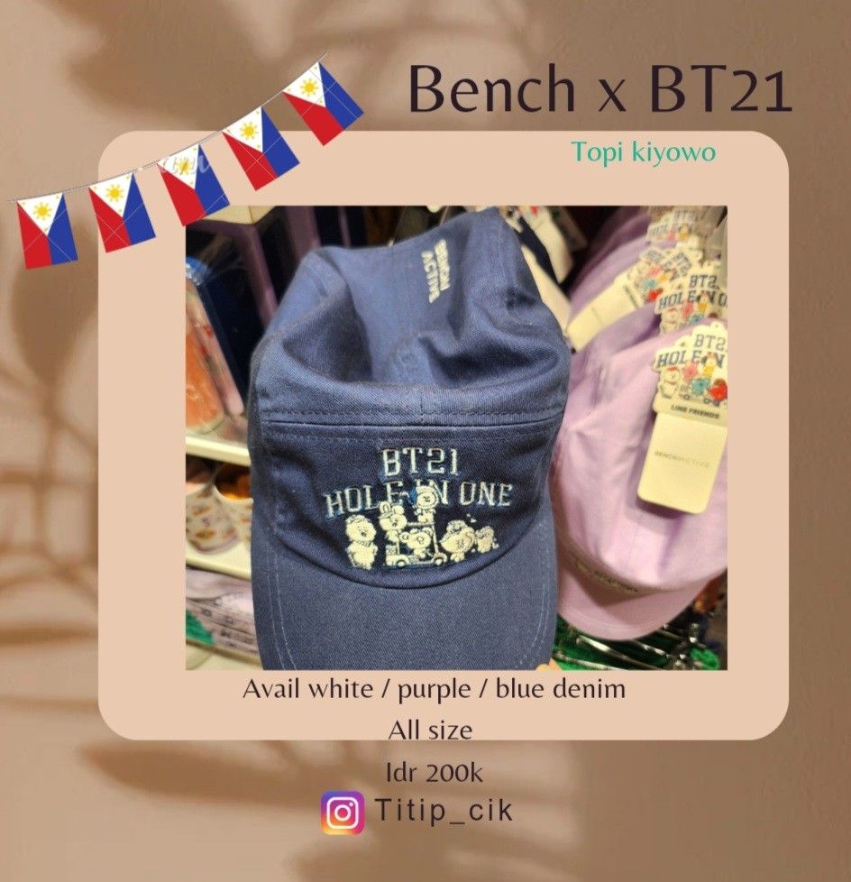 PO pre order bench x BT21 BTS // topi hat ce unisex co, K-Wave di Carousell