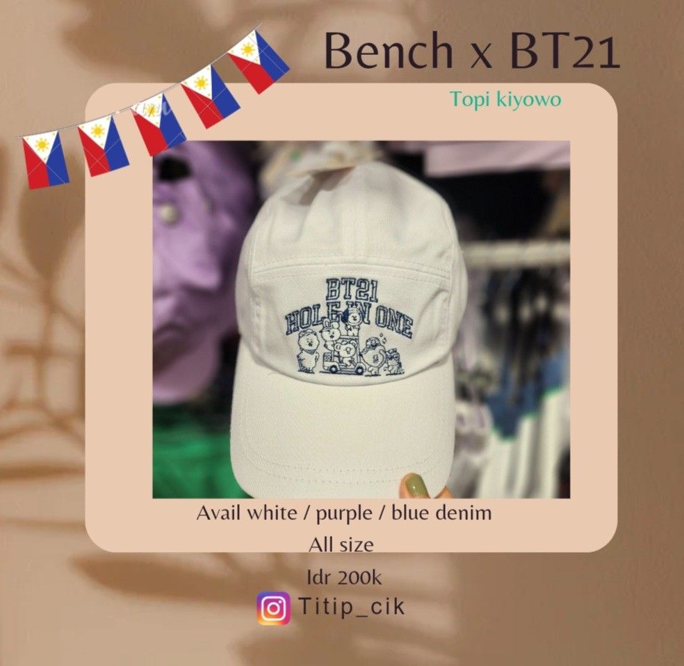 PO pre order bench x BT21 BTS // topi hat ce unisex co, K-Wave di Carousell