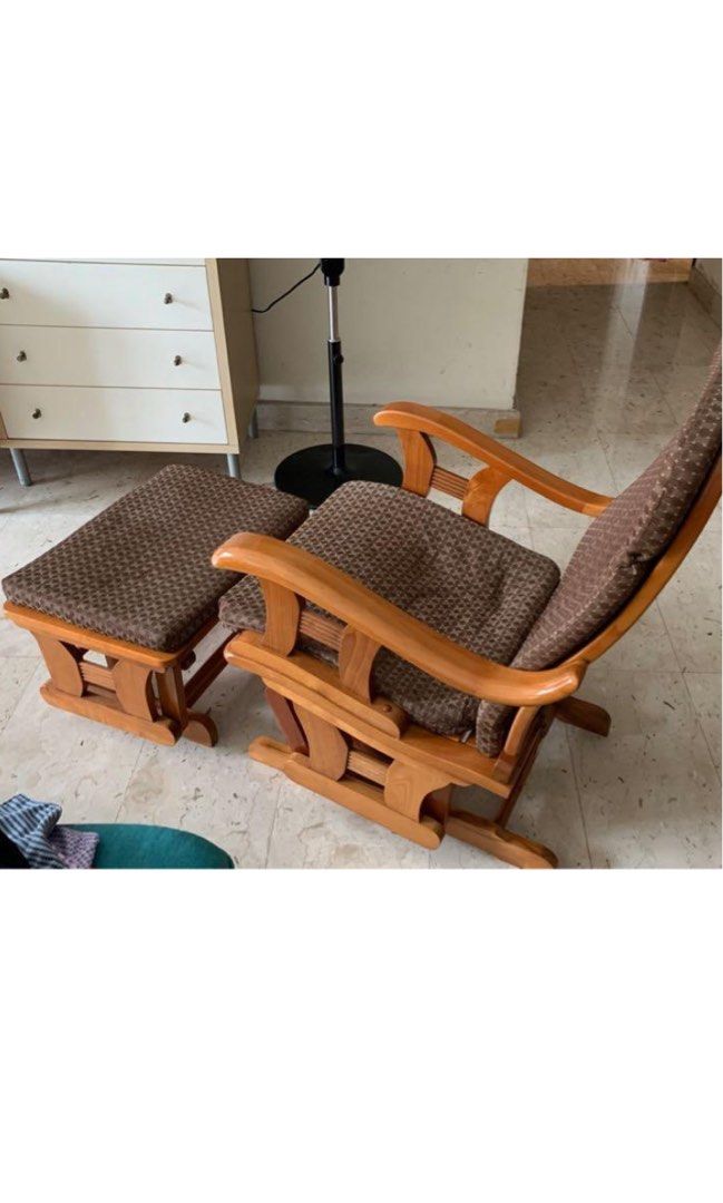 Rocking wooden chair + foot rest, Furniture & Home Living, Furniture ...