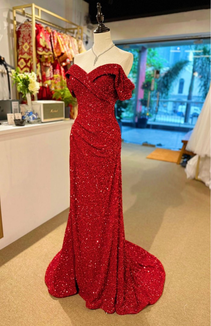 Ruby Red Off Shouder Evening Gown RD1011, Women's Fashion, Dresses ...