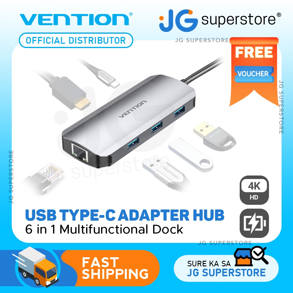Vention 6 in 1 USB Type C Hub with 4K HDMI Output, 5Gbps USB 3.0 Ports, 1000Mbps RJ45 Gigabit ...