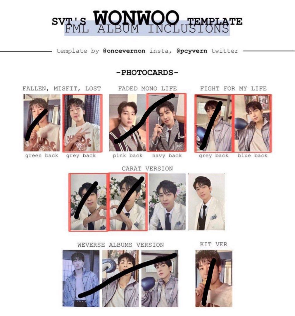 wtt/wts seventeen fml photocards album pcs carat weverse pc jeonghan wonwoo the8 seungkwan woozi ...