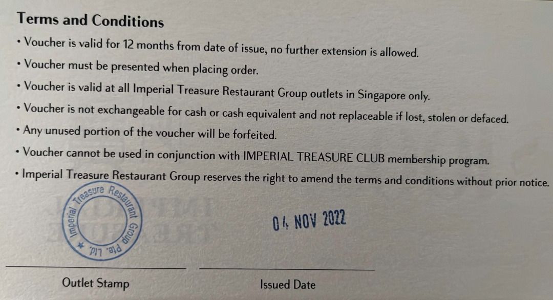 Imperial Treasure Voucher (7 vouchers, $100 each), Tickets & Vouchers ...