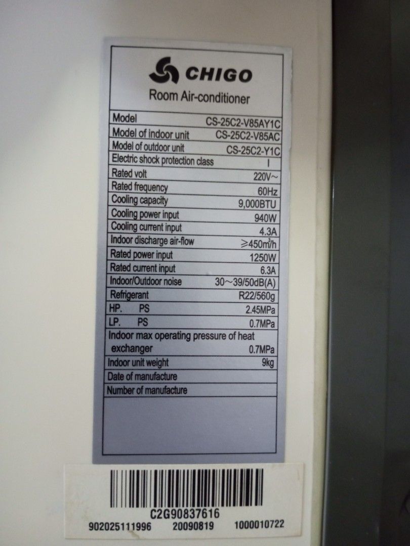 Chigo 1.5hp split type aircon, TV & Home Appliances, Air Conditioning ...