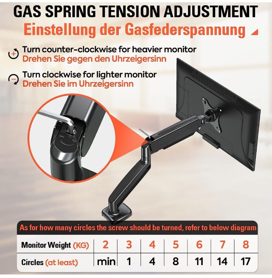 Eono Single Monitor Arm Desk Mount Height Adjustable Gas Spring Arm PC ...