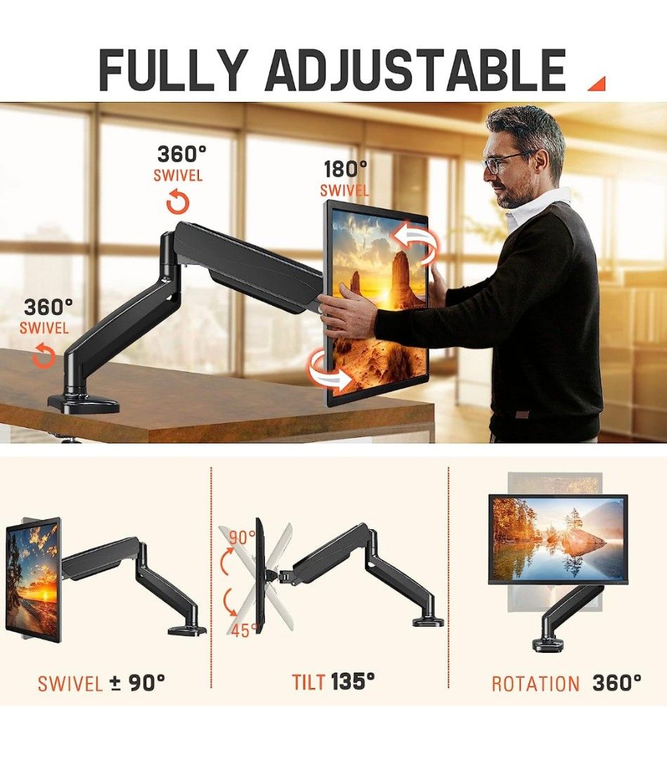 Eono Single Monitor Arm Desk Mount Height Adjustable Gas Spring Arm PC ...