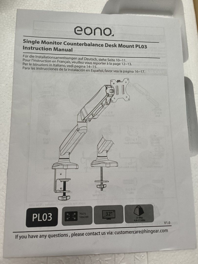 Eono Single Monitor Arm Desk Mount Height Adjustable Gas Spring Arm PC Monitor Stand Fits up to ...