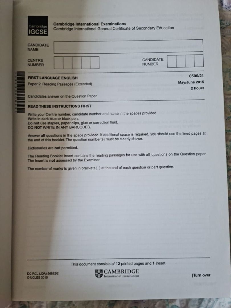 IGCSE English Past Year Papers ( Paper 2 Variant 1 2015-2019) in book ...