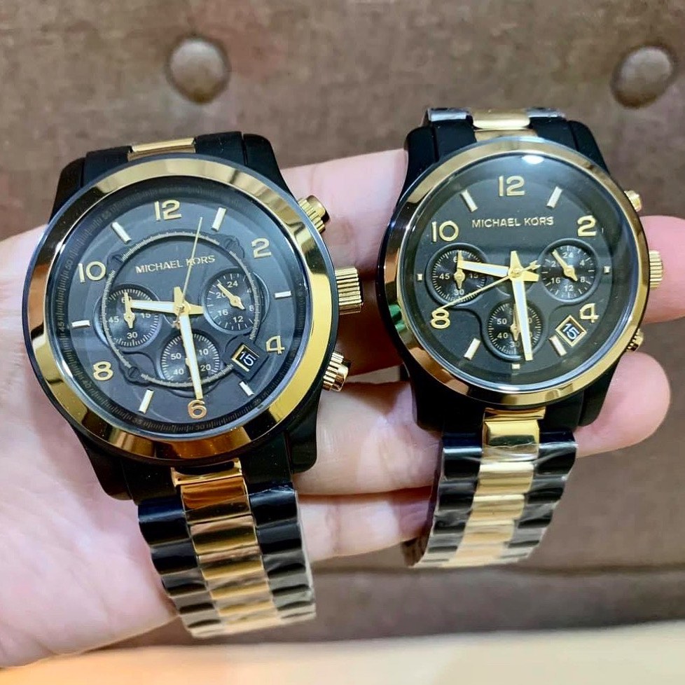 MK COUPLE CHRONO TWO TONE BLACK DIAL AUTHENTIC WATCH, Women's Fashion ...