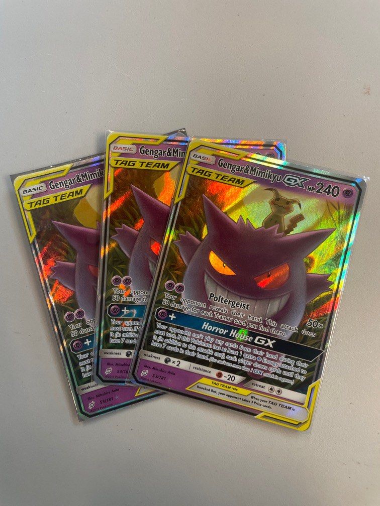 Sun & Moon : Gengar & Mimikyu GX Pokemon card 53/181, Hobbies & Toys, Toys & Games on Carousell