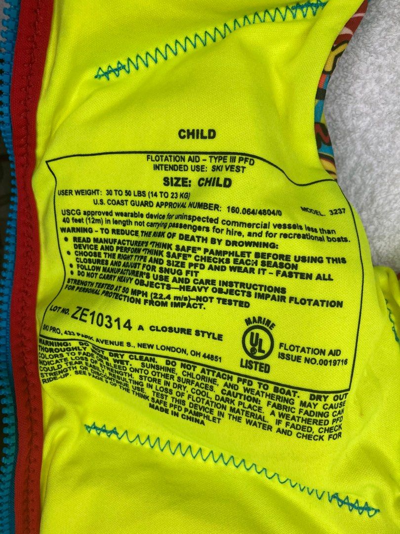 1-3T CHILD Hyperlite Wake Co. Life Vest Floating Jacket USCG Approved ...