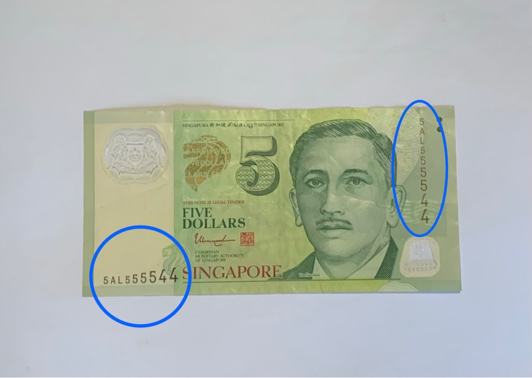 2020 Singapore Portrait $5 almost super solid serial number banknote ...