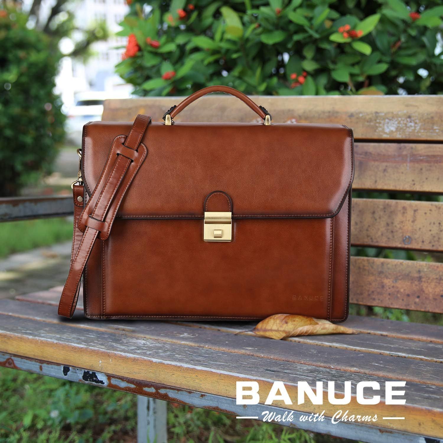 Banuce Vintage Leather Briefcase for Men with Lock Attache Case 14 Inch ...