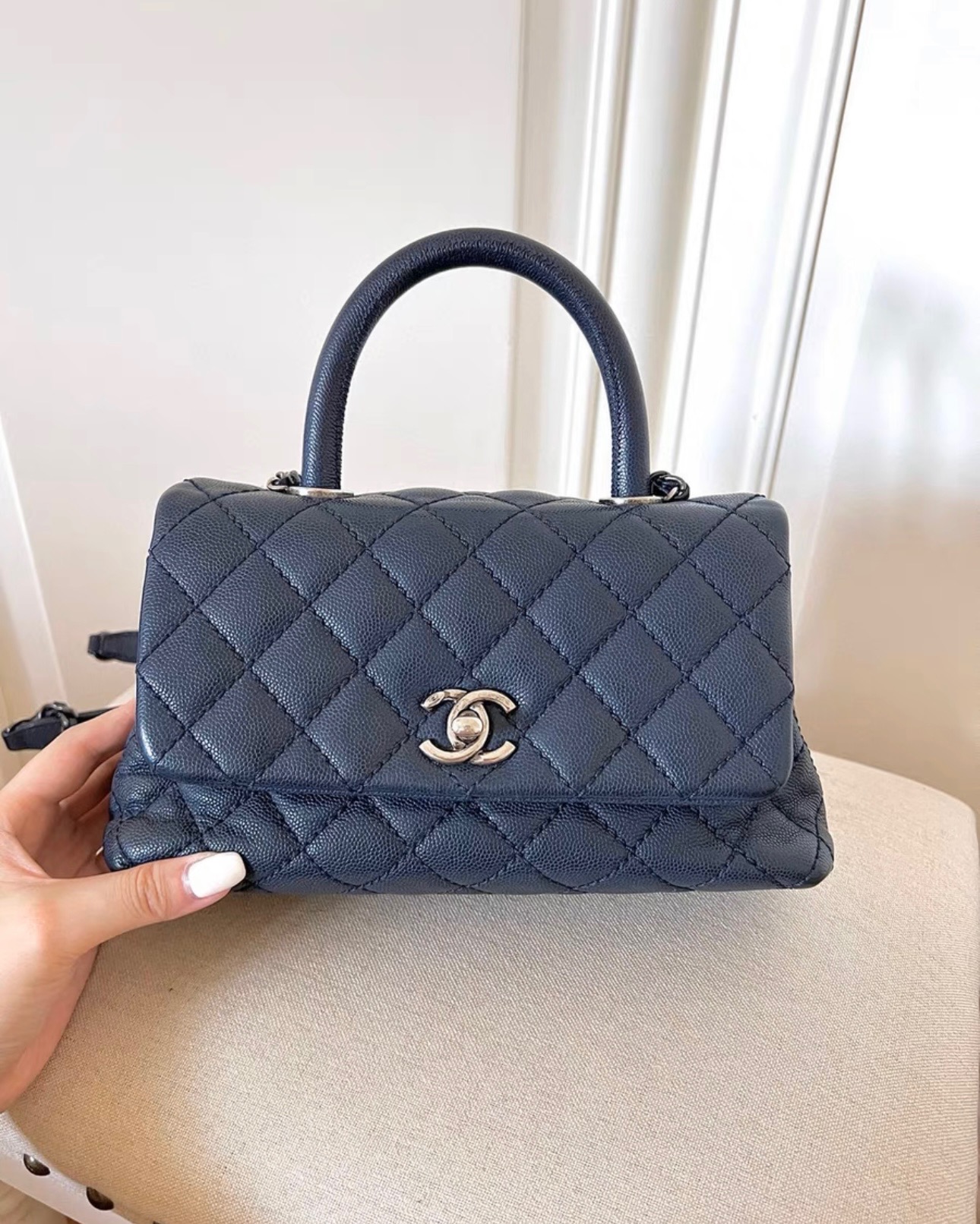 chanel coco handle mini navy blue top handle flap bag, Luxury, Bags ...