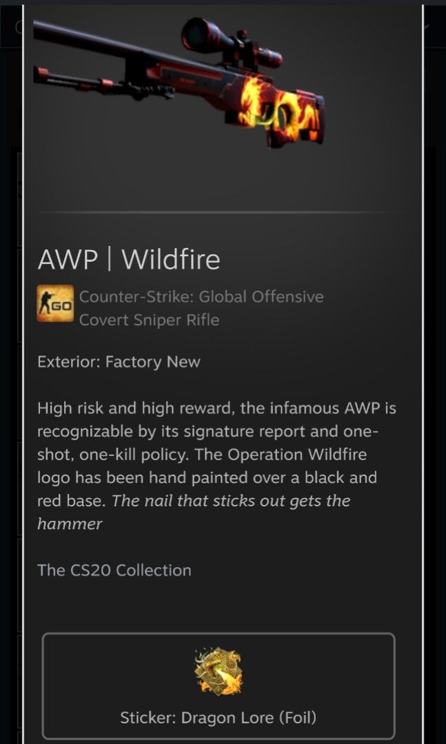 CSGO Awp Wildfire Factory New 0.066, Video Gaming, Gaming Accessories ...