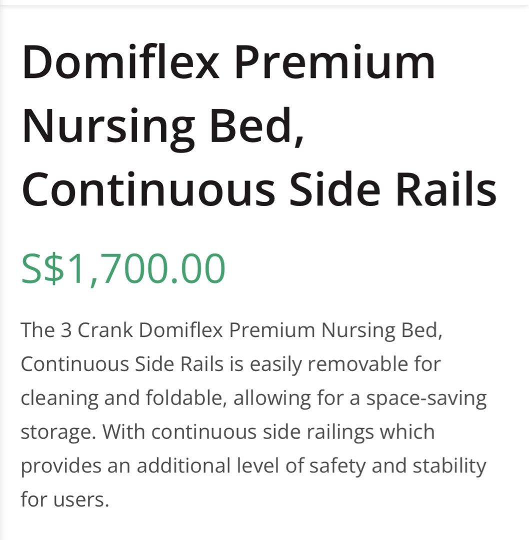 Domiflex Premium Nursing Bed, Continuous Side Rails, Furniture & Home ...