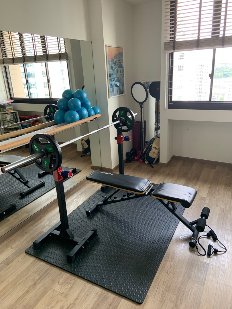 Full Indoor Bench and Barbell Set-Up with Weights for Home, Sports ...