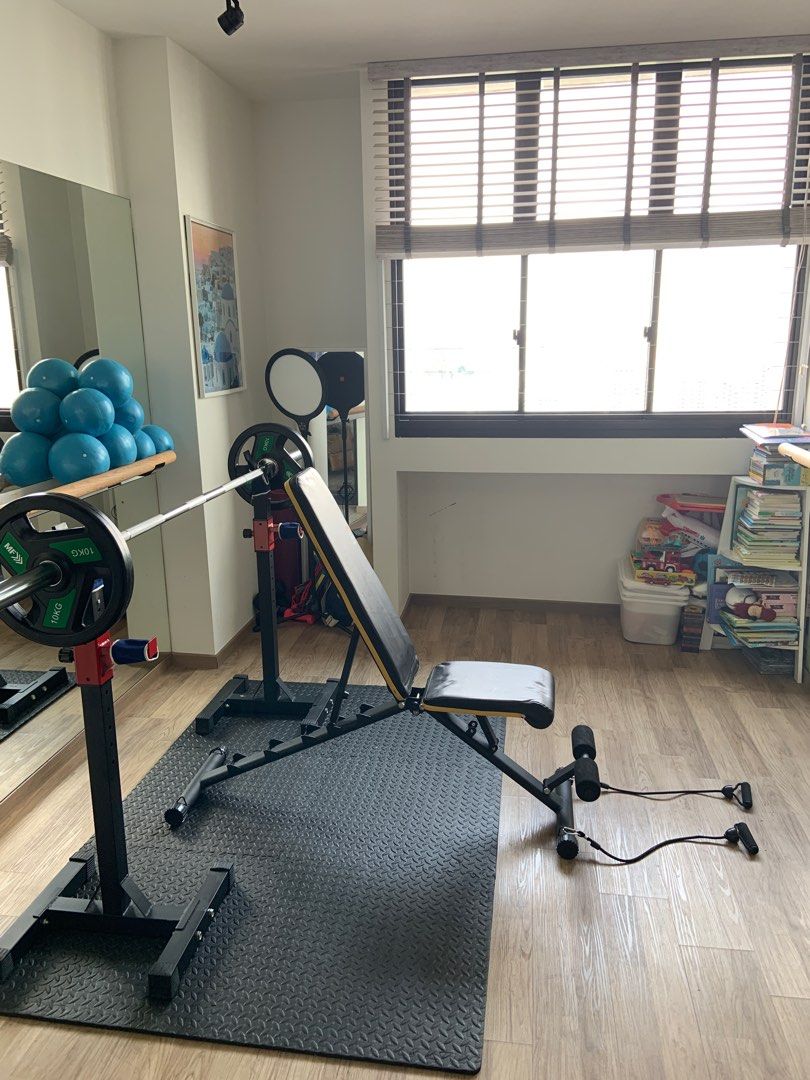 Full Indoor Bench and Barbell Set-Up with Weights for Home, Sports ...