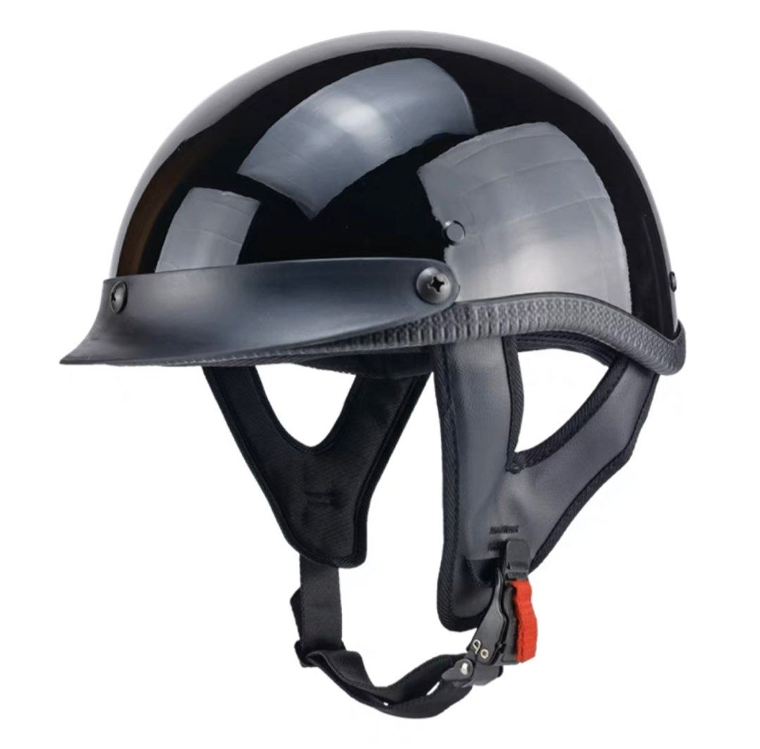 Gloss Black Half Cap Cruiser with Peak Motorcycle Helmet Retro Vintage ...