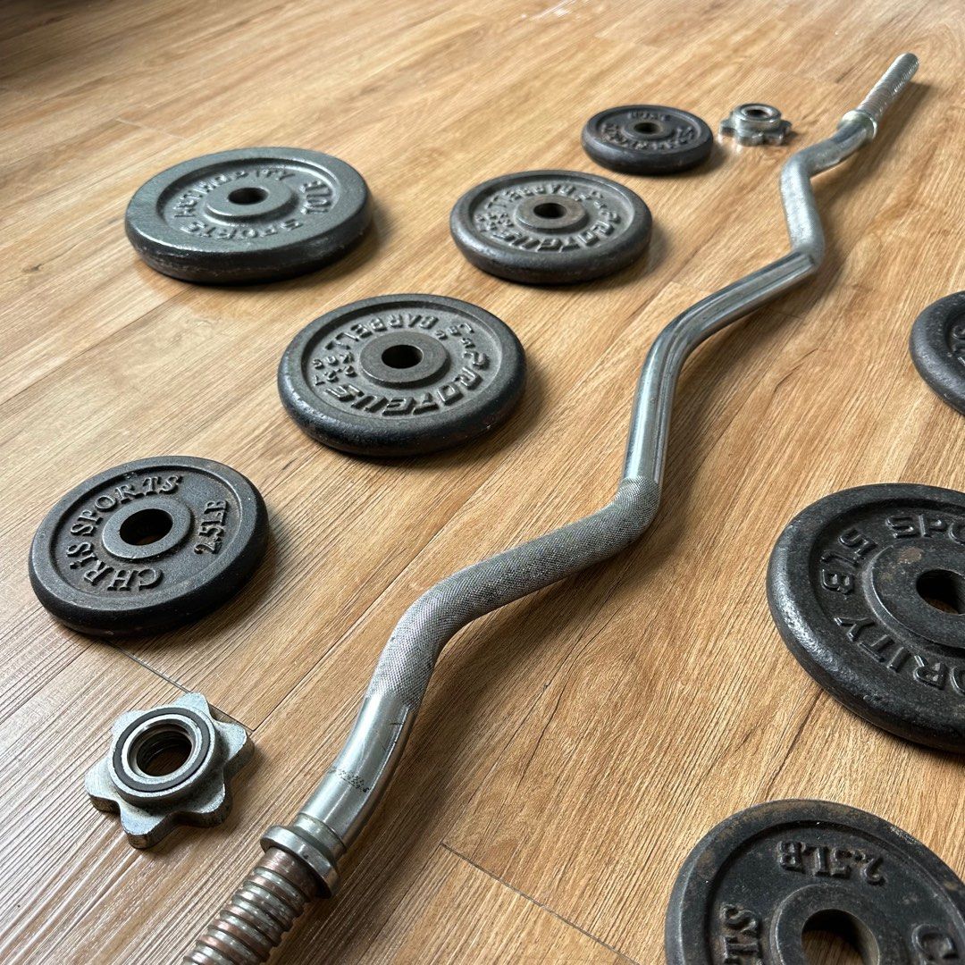 HOME GYM - WEIGHT LIFTING PLATES + CURL BAR SET, Sports Equipment ...