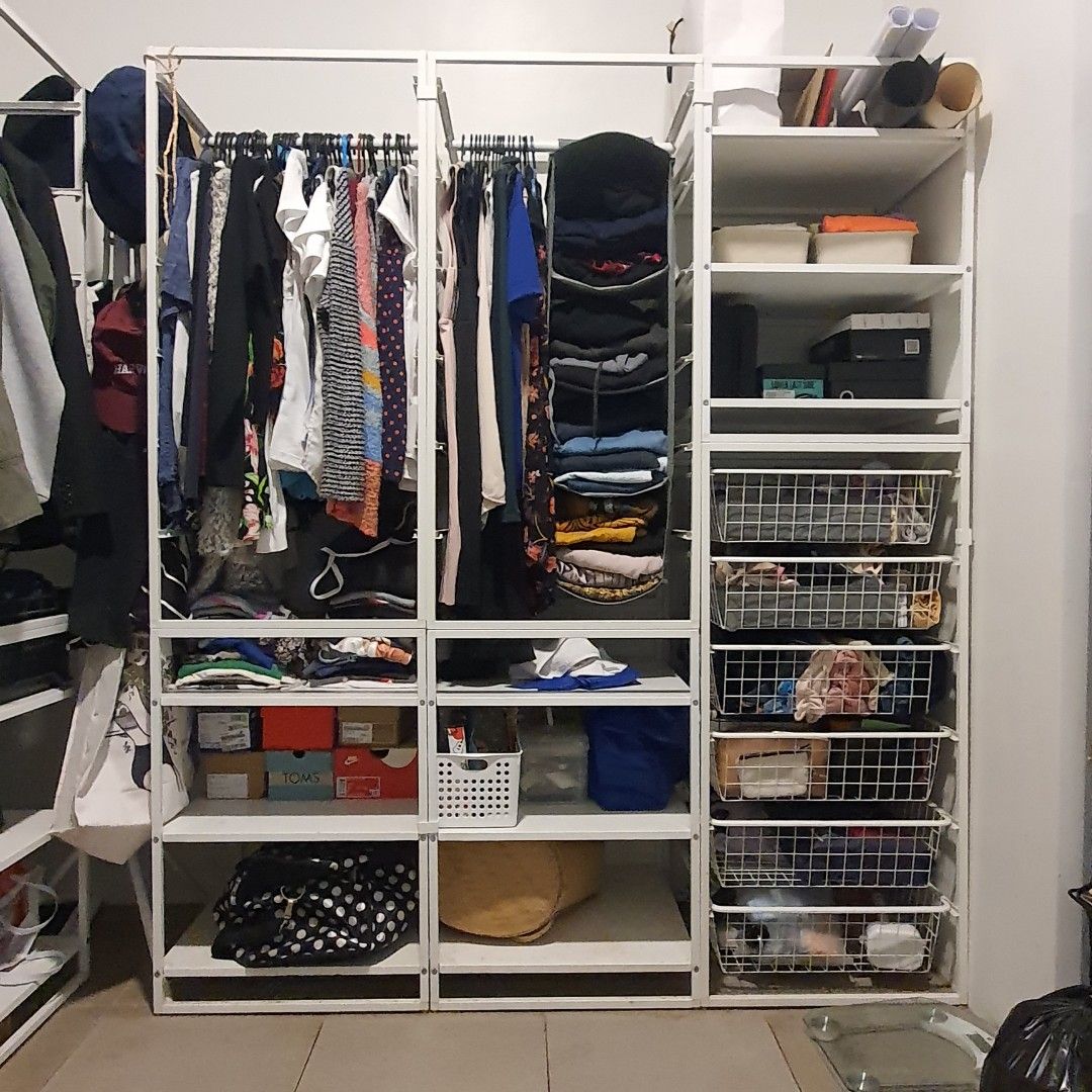 Ikea Jonaxel white open wardrobe combination unit shelves racks on ...