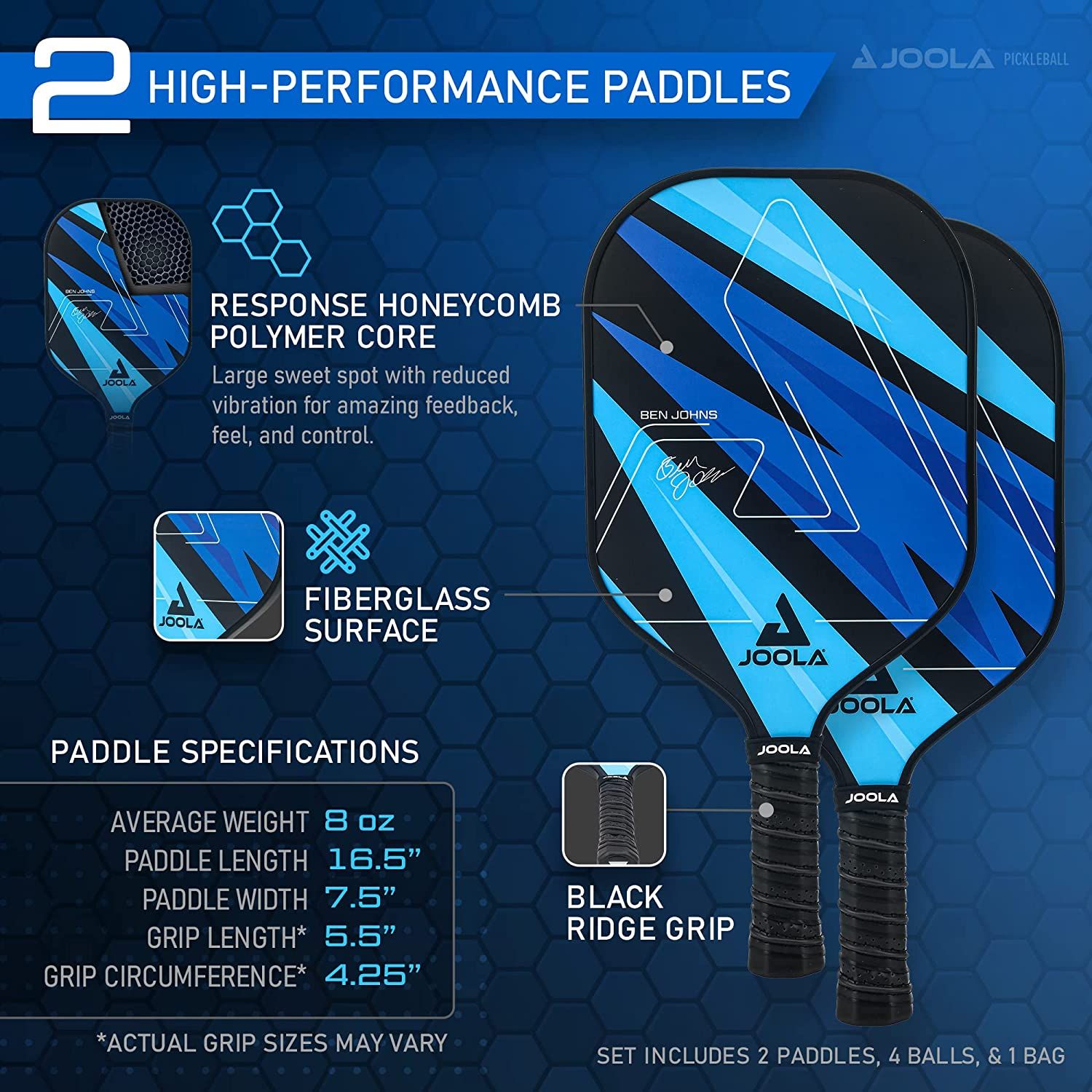 JOOLA Ben Johns Pickleball Set with 2 Fiberglass Paddles - Includes 2 ...