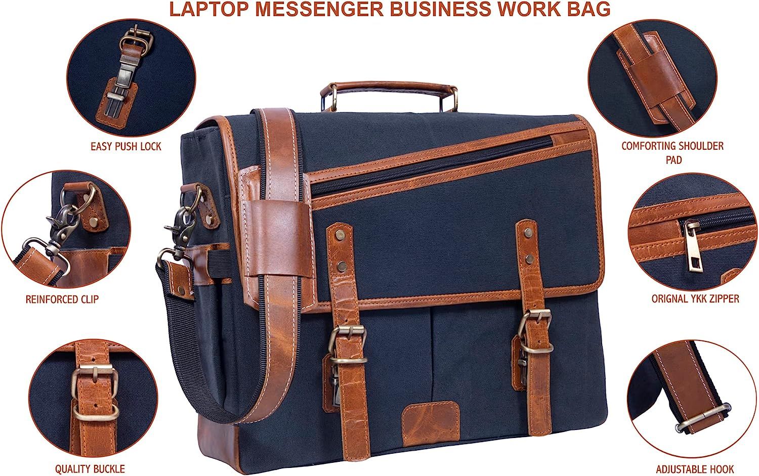 Mens Messenger Bag, 16 Inch Canvas Briefcase Vintage Leather Computer ...