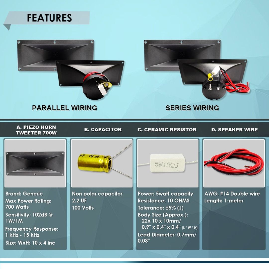 PIEZO HORN TWEETER 700W 10x4inc, with 2.2uF CAPACITOR and 5w10Ω ...