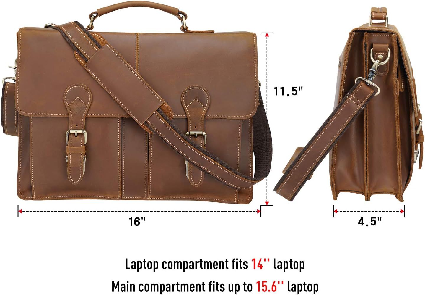 Polare 16" Full Grain Leather Messenger Bag Laptop Briefcase Bag ...