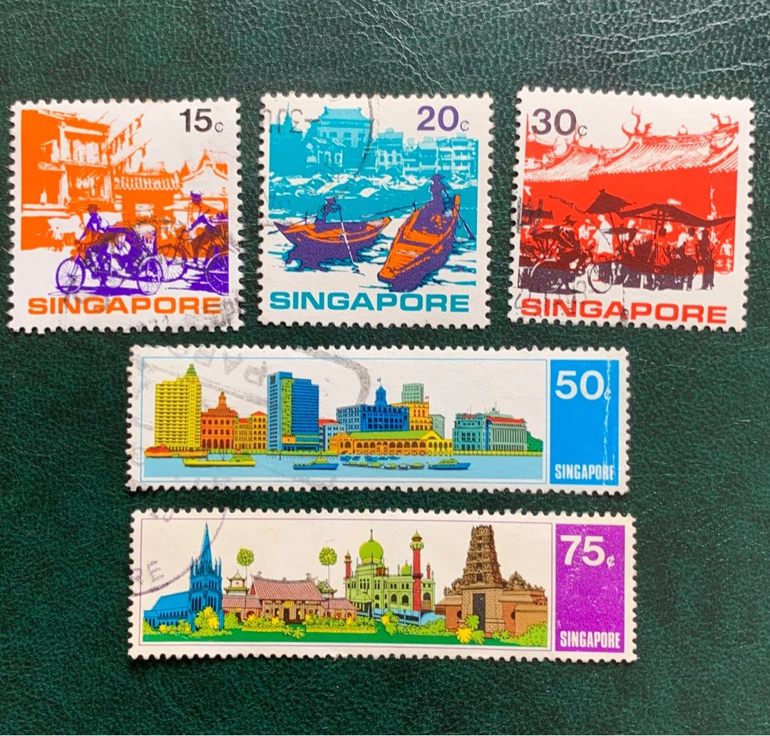 Singapore 1971 colourful Tourism stamps set hawker, river & boat, temple and religious buildings ...
