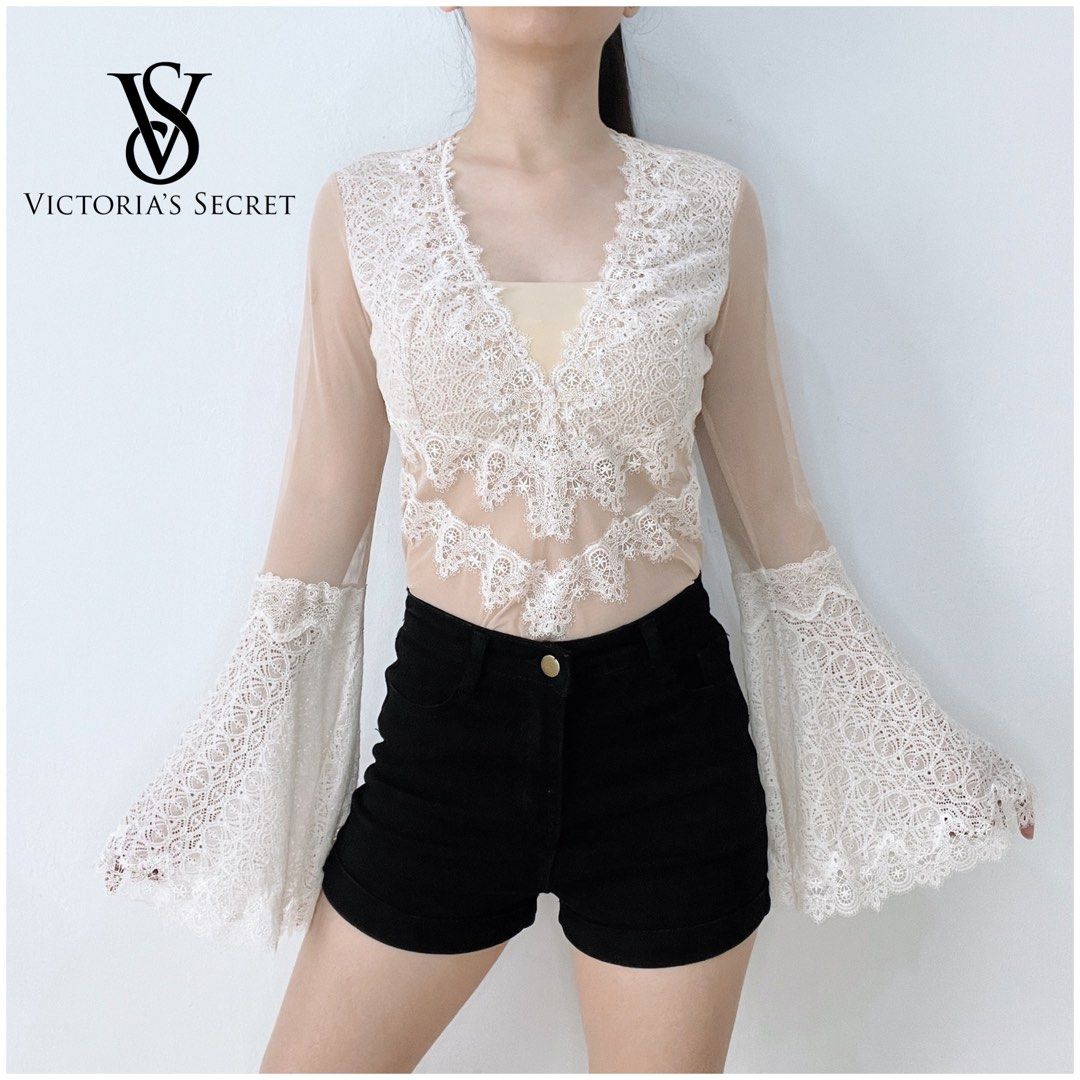 Victoria’s Secret Chantilly Lace Bell Flare Long Sleeve Bodysuit Teddy ...