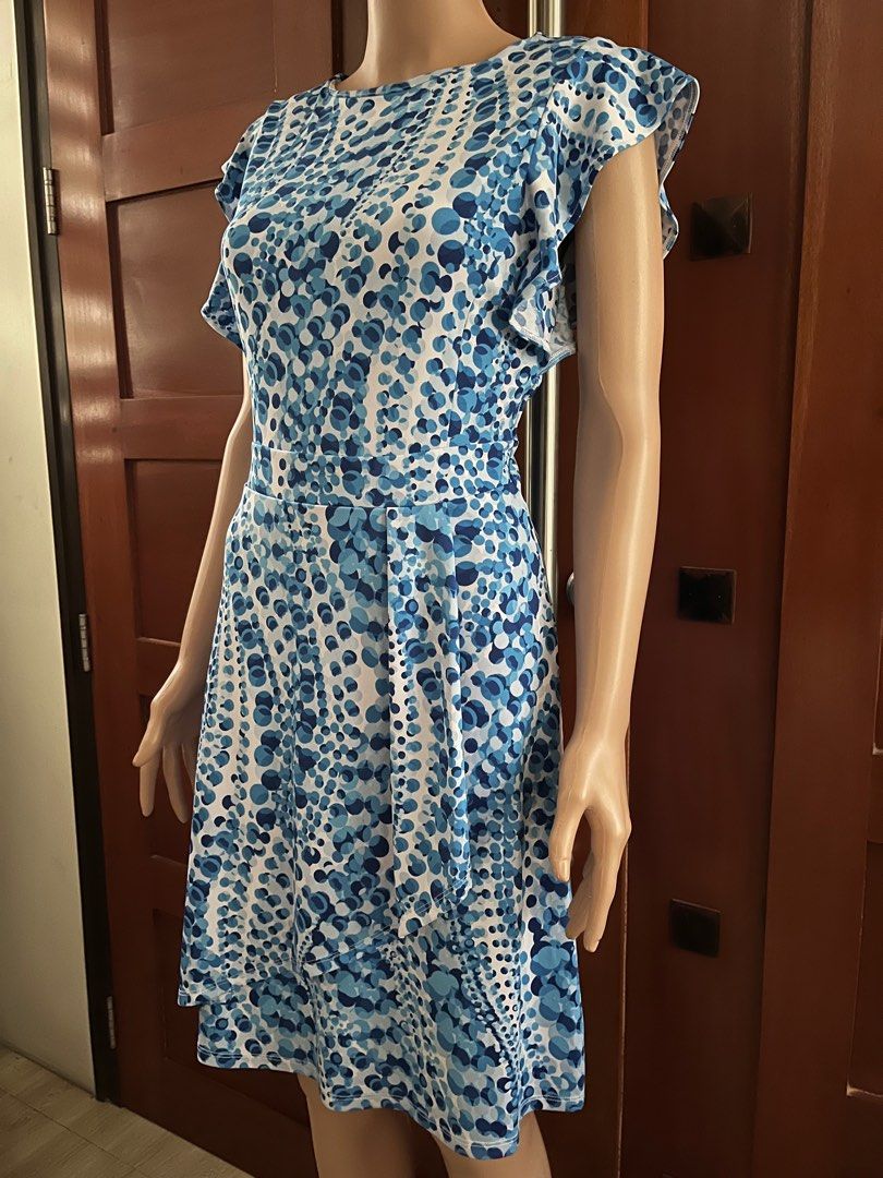 Blue and White Circle Pattern Dress with Overlap Skirt and Flowy ...