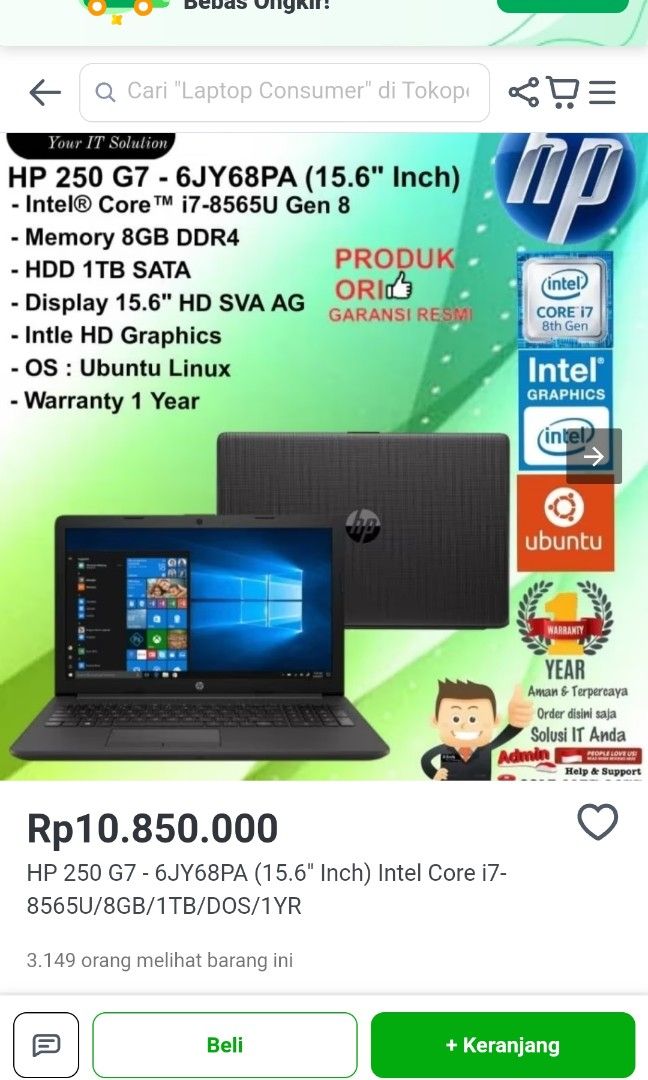 [CORE I7 GEN 8] Laptop Slim HP 250 G7 Core i7-8565 RAM 16GB/SSD 256Gb Slim Led 15,6 inch Full HD ...