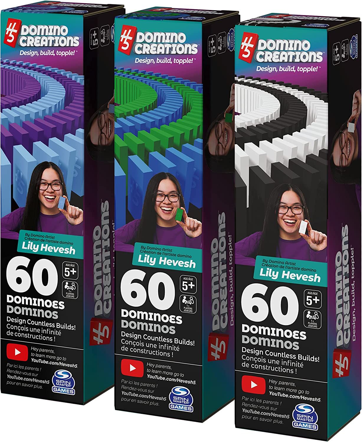 H5 Domino Creations, 3-Pack Bundle of 60-Piece Colorful Dominoes Set ...