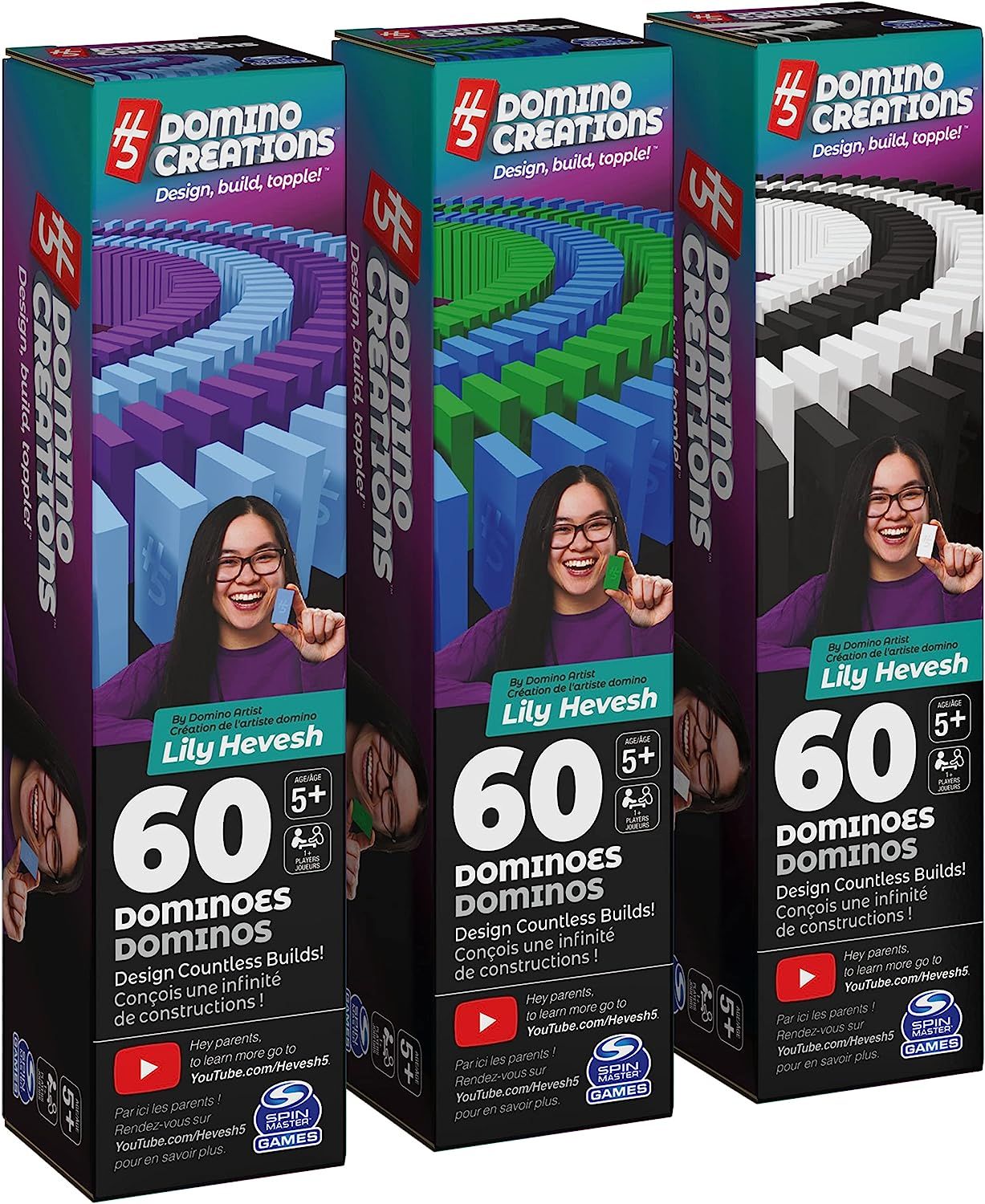 H5 Domino Creations, 3-Pack Bundle of 60-Piece Colorful Dominoes Set ...