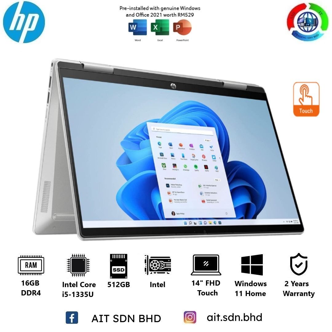 HP Pavilion X360 14-Ek1039TU 14" FHD Touch 2-In-1 Laptop Silver ( I5-1335U, 16GB, 512GB SSD ...