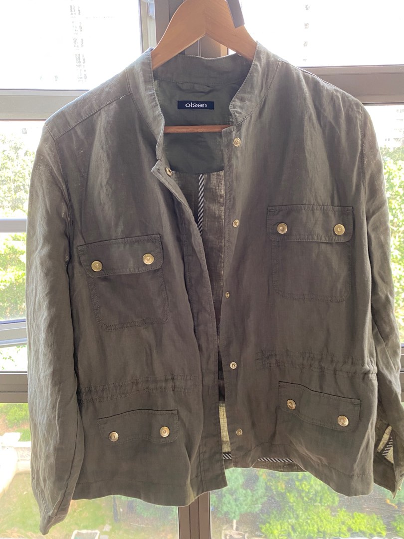 Olsen Linen safari Jacket Olive green, Women's Fashion, Coats, Jackets ...