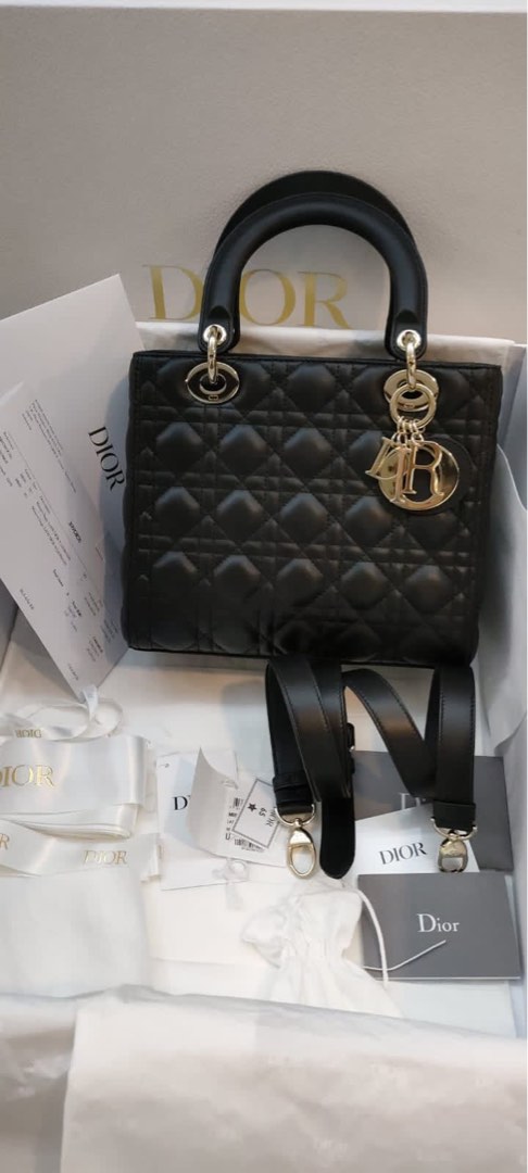 *New* Lady Dior Medium Lambskin hitam logo gold permabras Sz.23,5x20x9 ...