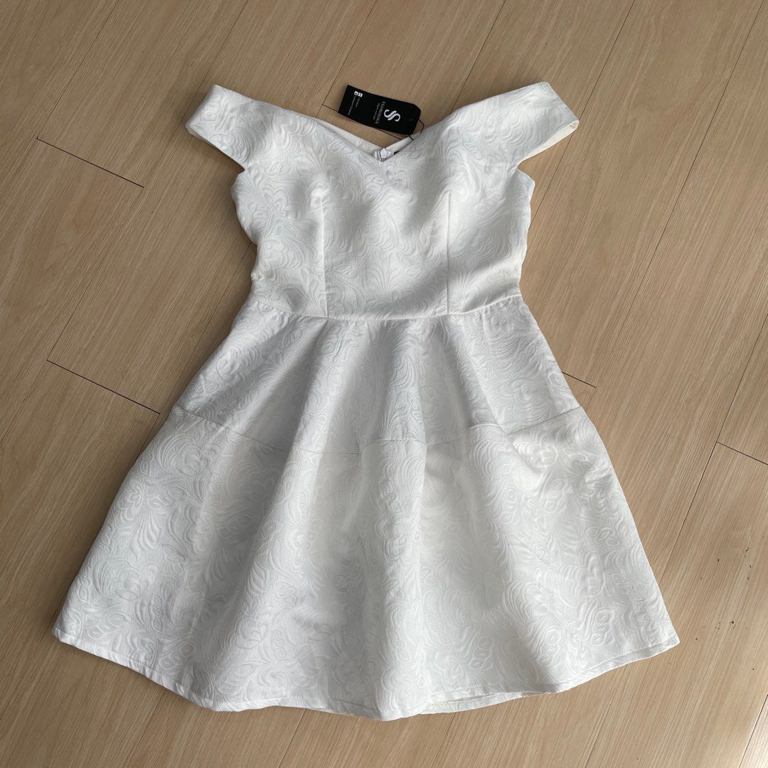 NEW with Tag White Jacquard Off Shoulder Flare Mini Dress Party Prewed ...
