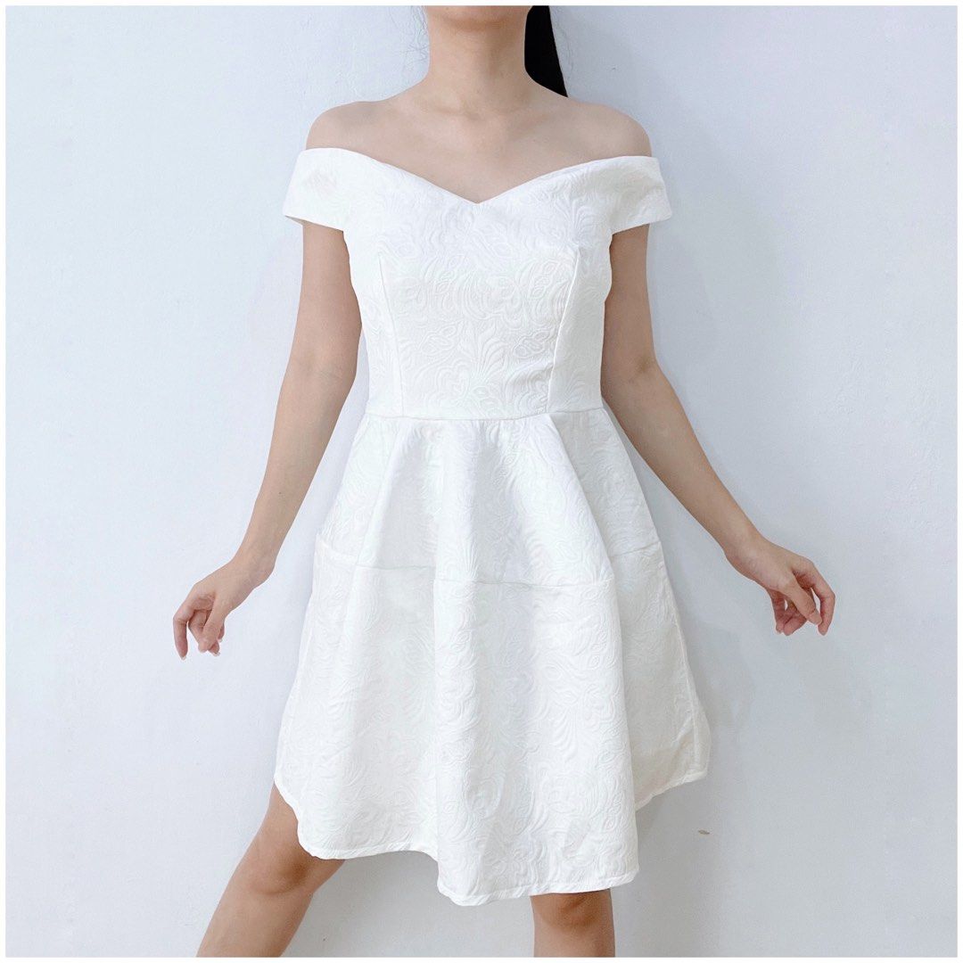 NEW with Tag White Jacquard Off Shoulder Flare Mini Dress Party Prewed ...