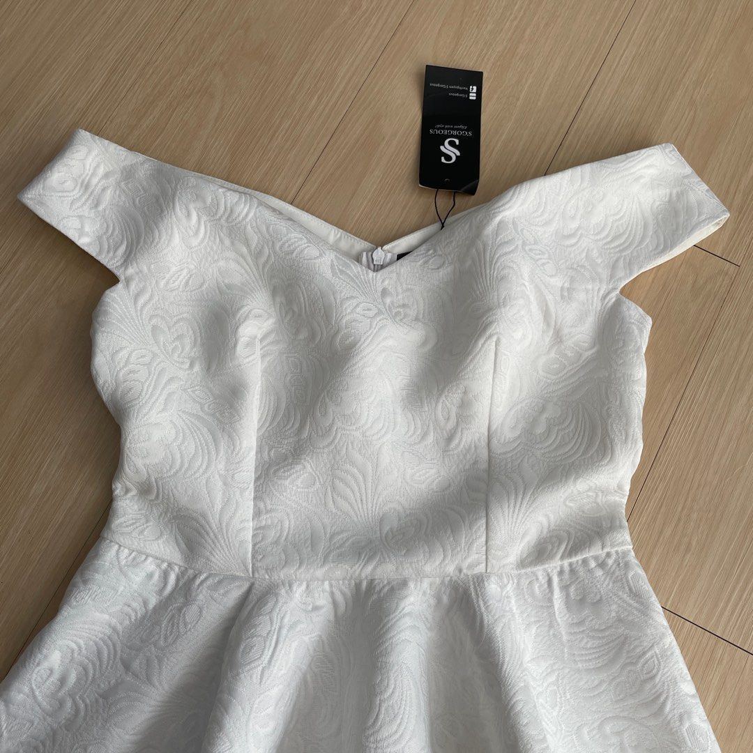 NEW with Tag White Jacquard Off Shoulder Flare Mini Dress Party Prewed ...