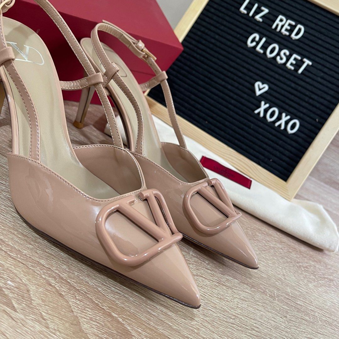 ON HAND: Valentino V Logo Patent Nude Heels Slingback Shoes, Women's ...