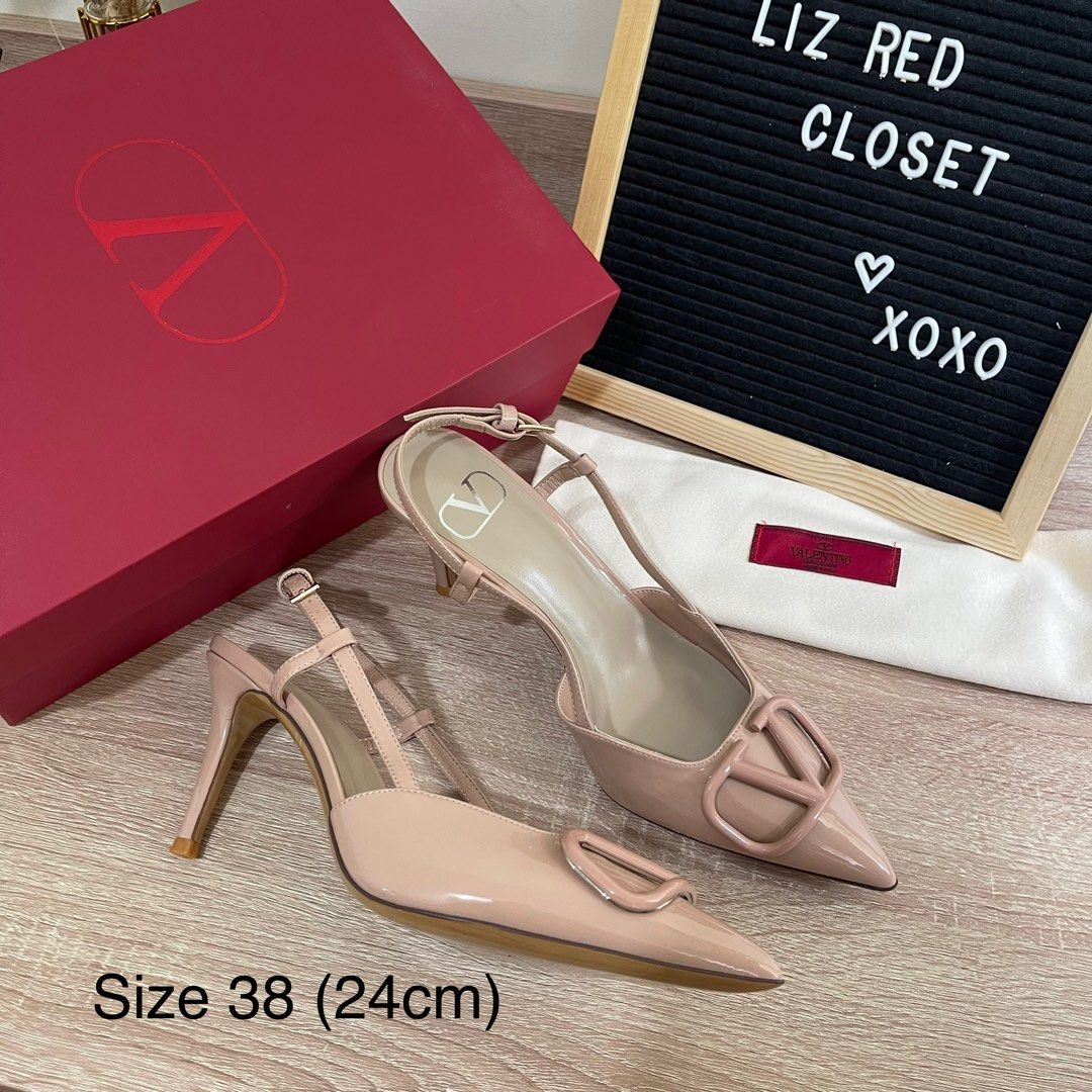 ON HAND: Valentino V Logo Patent Nude Heels Slingback Shoes, Women's ...