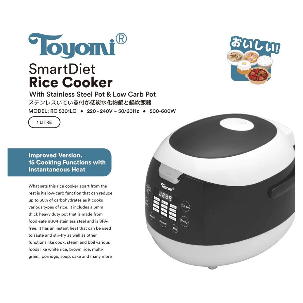 TOYOMI 1L SmartDiet Rice Cooker with Stainless Steel & Low Carb Rice ...