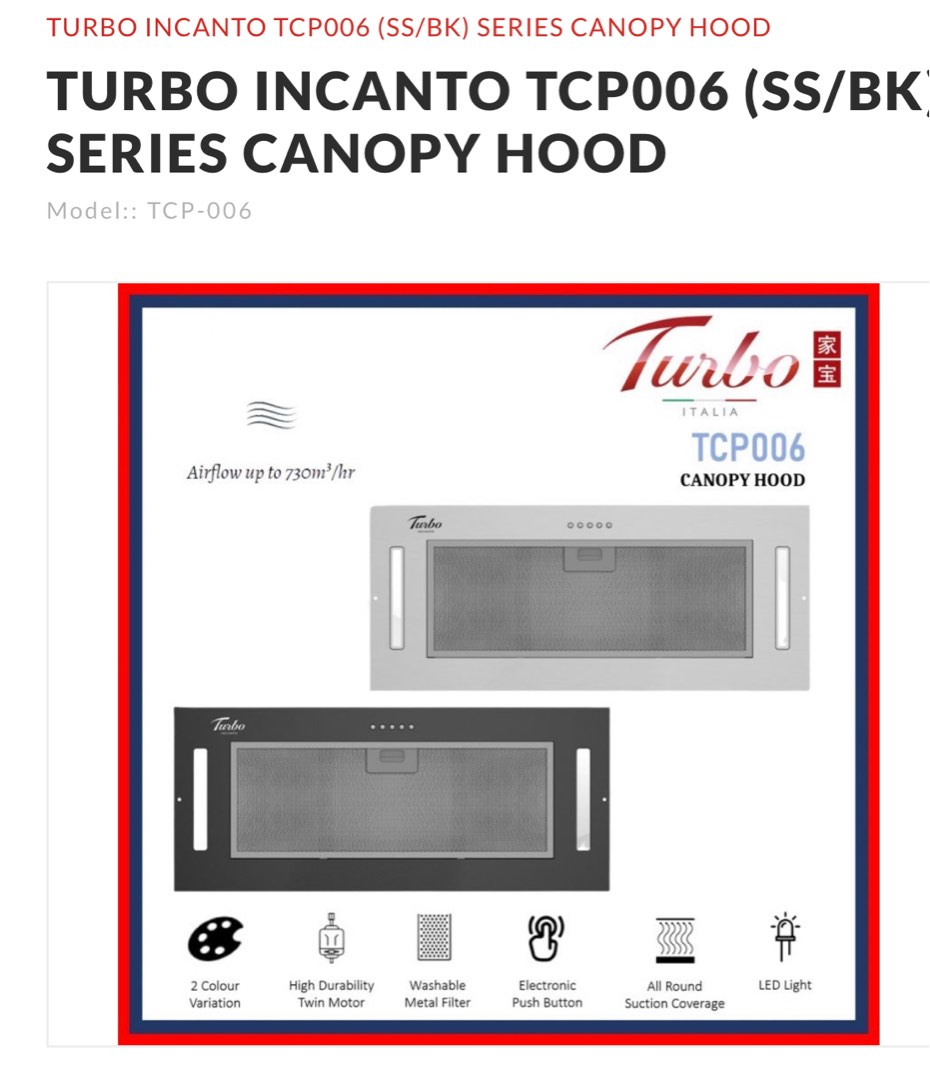 Turbo HOOD, TV & Home Appliances, Kitchen Appliances, Hobs & Hoods on ...