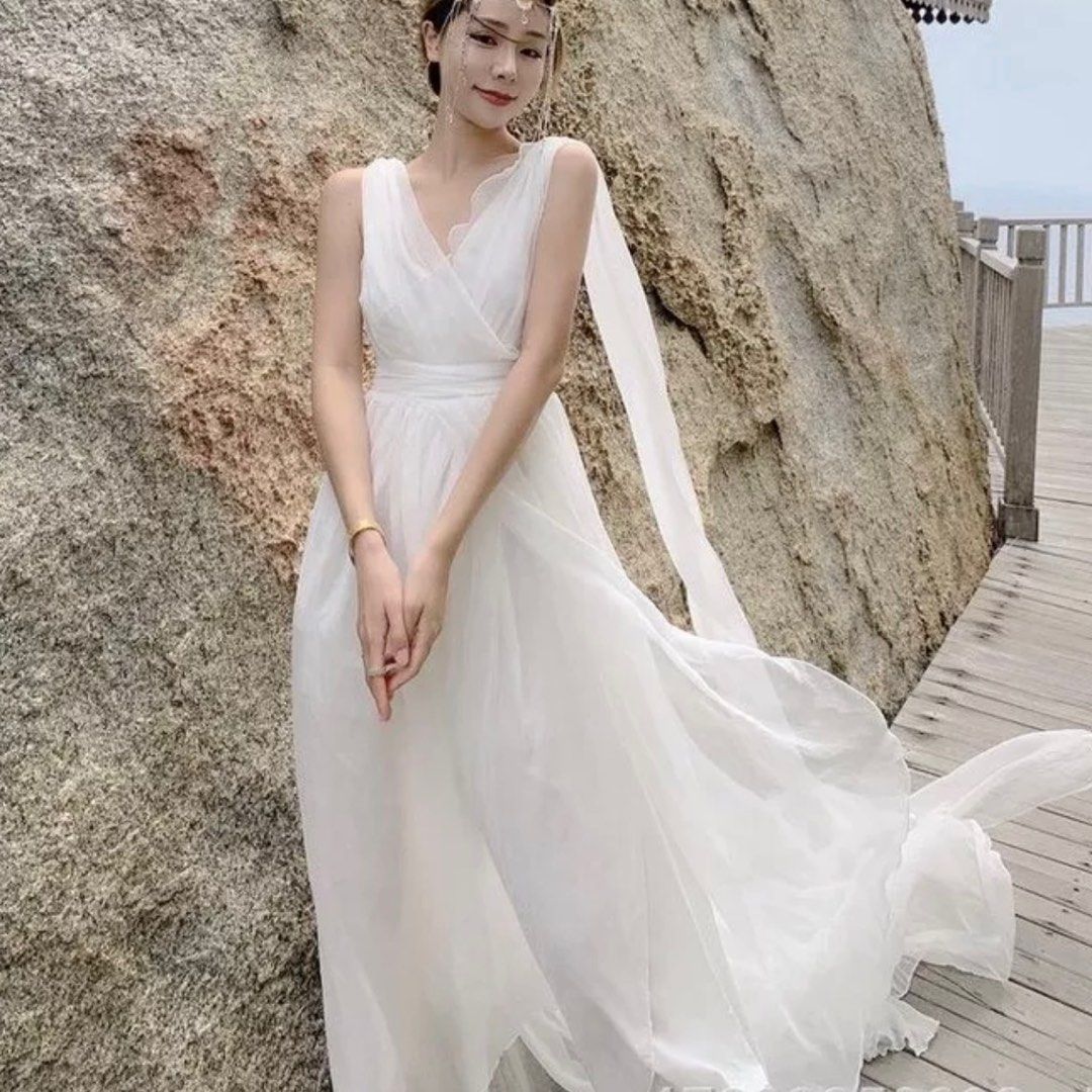 WHITE CHIFFON BEACH TRAILING DRESS on Carousell