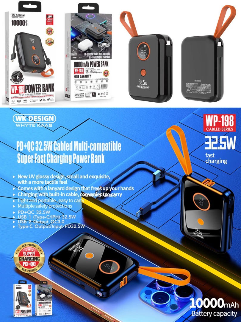 WK DESIGN (Model: WP-198) CABLED SERIES 10000mAh Powerbank, Mobile ...