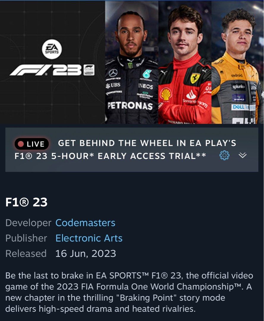 F1 23 (PC Steam), Video Gaming, Video Games, Others on Carousell